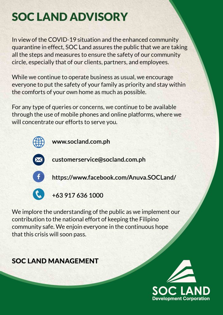 SOC Land Devt Corp | SOC LAND ADVISORY ON COVID-19